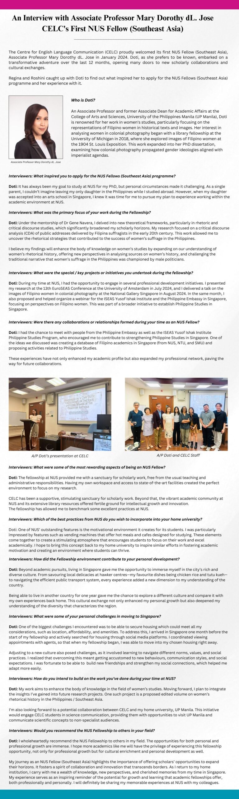 An Interview with Associate Professor Mary Dorothy dL. Jose CELC’s First NUS Fellow (Southeast ...